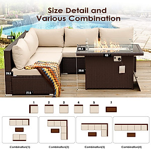 RADIATA PE Wicker Patio Furniture Set Sectional High Back Large Size Sofa Sets with Propane Fire Pit Table 55000 BTU Balcony Rattan Lounge Conversation Sets for Outdoor (6 Pieces,Brown)