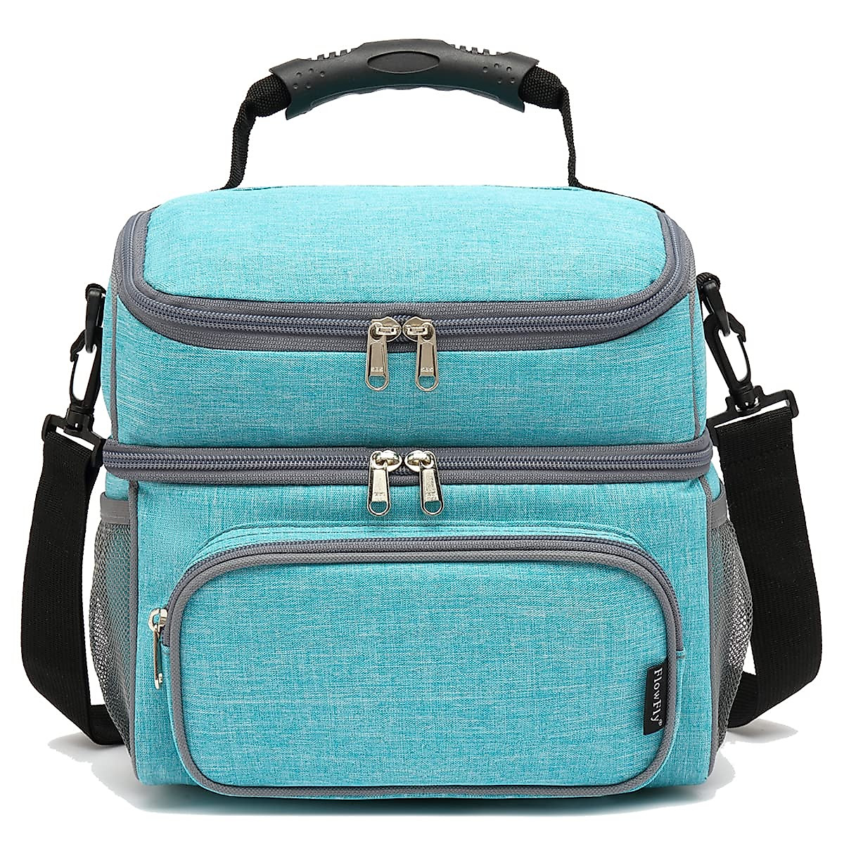 FlowFly Double Layer Cooler Insulated Lunch Bag Adult Lunch Box Large Tote Bag for Men, Women, With Adjustable Strap,Front Pocket and Dual Large Mesh Side Pockets,Sea Blue