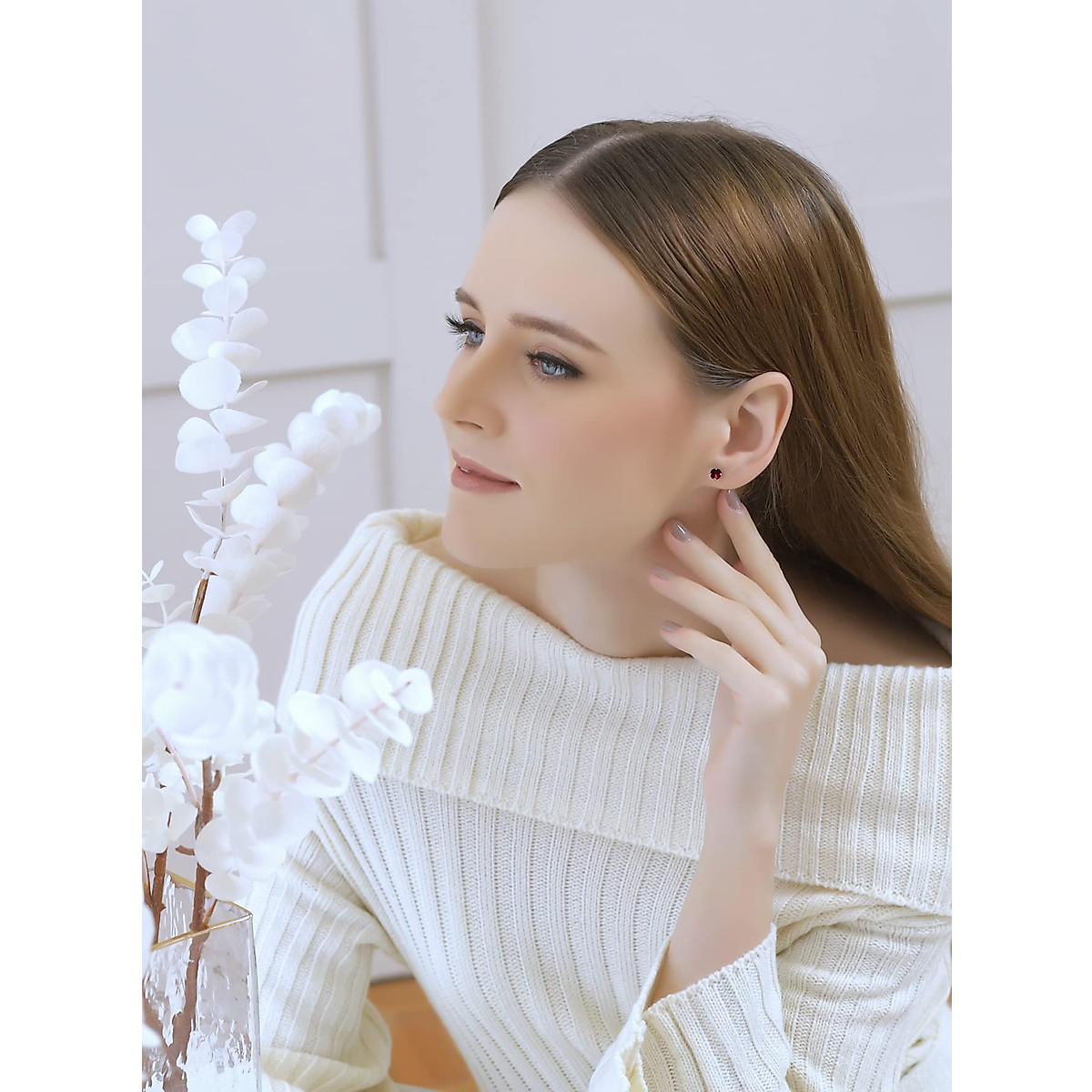 Sterling Silver 5mm Round Dark Red Stud Earrings created with European Crystals