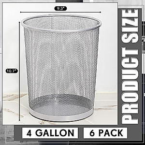 Zeyune 6 Pack Silver Office Trash Can Mesh Trash Can 4 Gallon Metal Wire Mesh Waste Paper Basket Round Trash Bin Small Garbage Can for Office Bathroom Home Bedroom Kitchen Dorm
