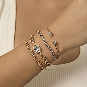 IFKM Gold Bracelet For Women Girls Dainty 14k Gold Plated Bangle Bracelets Set Adjustable Tennis CZ Twisted Chain Link Bangle Bracelet Layered Charm Jewelry Gift For Anniversary (Gold)