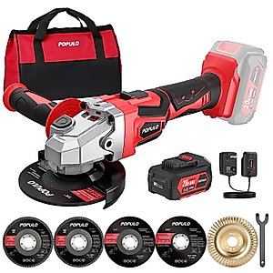 POPULO 20V Cordless Angle Grinder tool with Brushless Motor,Compatible 4-1/2 Inch Wheel,Metal Grinders W/4.0Ah Battery,Equipped 5” Grinding Wheel,Cutting Wheel,Flap Disc and Carving Disc