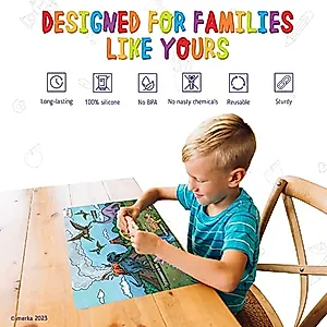 merka Fun and Educational Table Mat, Reusable Silicone Mat for Kids, Explore The World of Dinosaurs with T-Rex, Triceratops & More