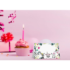 Table Place Card, Jungle Safari Animals Themed Tent Style Cards, Pack of 25 Half-Fold Reception Place Card, Wild Animal Food Labels, Perfect for Baby Shower, Birthday Party(C02)