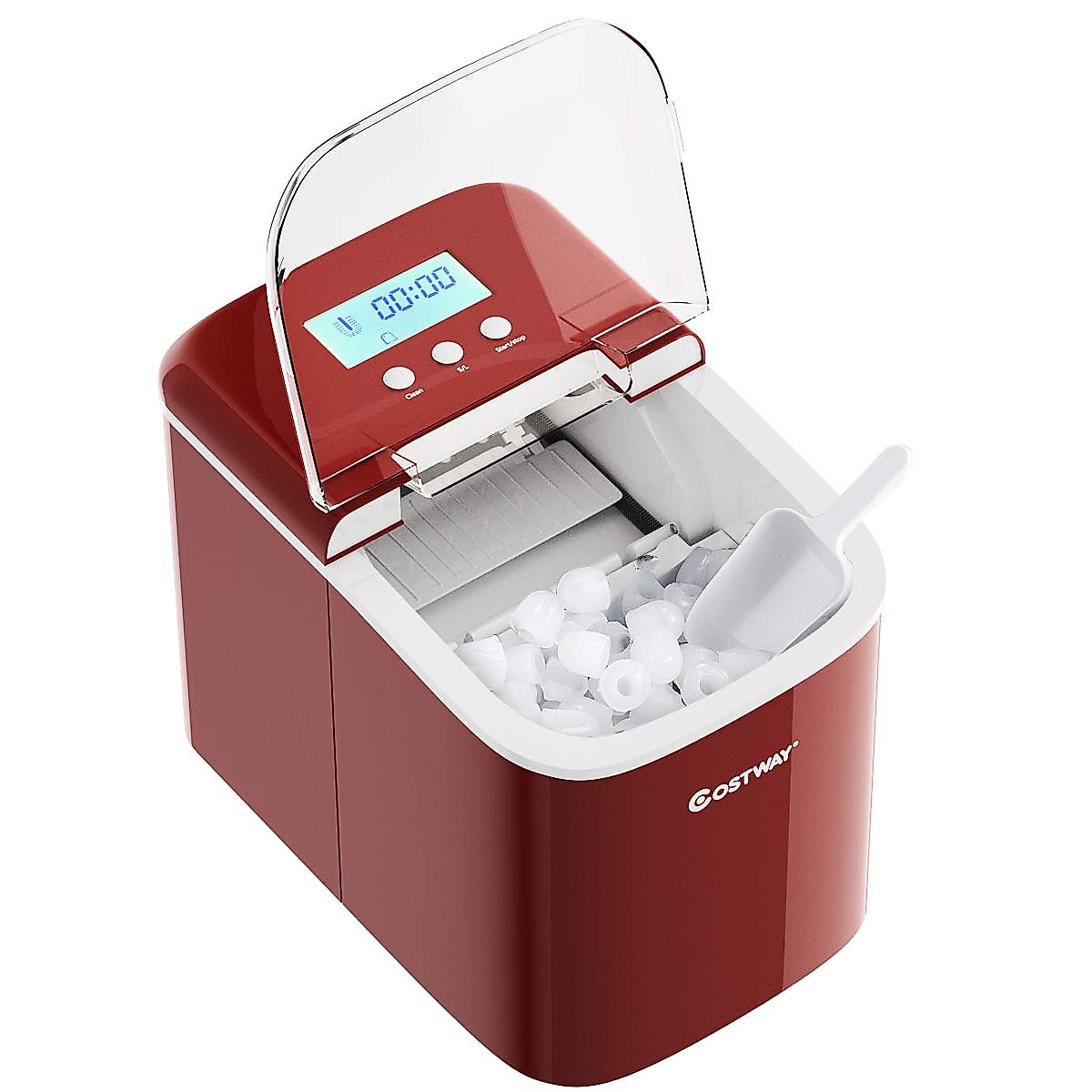 COSTWAY Countertop Ice Maker, 26LBS/24H with Self-Clean Function, LCD Display, 9 Bullet Ice / 7 Mins, Portable and Compact Ice Machine with Ice Scoop, for Homes, Offices, Restaurants, Bars, Red