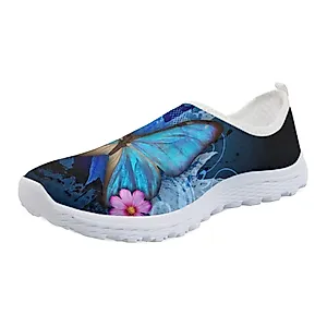 GOSTONG Blue Butterfly Print Womens Tennis Shoes Floral Trainers Summer Fashion Sneaker Comfortable Breathable Athletic Shoe Light Weight Memory Foam Mesh Shoes