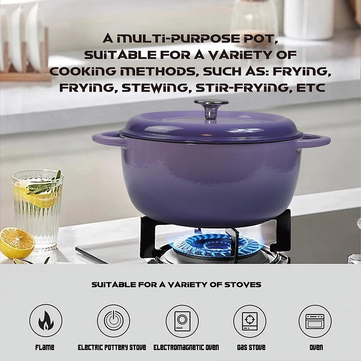 Enameled Dutch Oven with Lid ，Dual Handles ，Oven Safe up to 500° F or on Stovetop，Use to Marinate, Cook, Bake, Refrigerate ， Blue