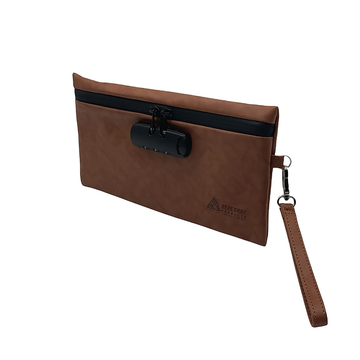 iRenegade locking cash drop money bag with 3 digit personal combination lock travel security leather finish wristlet clutch bag odor absorbing + smell proof (lite brown)
