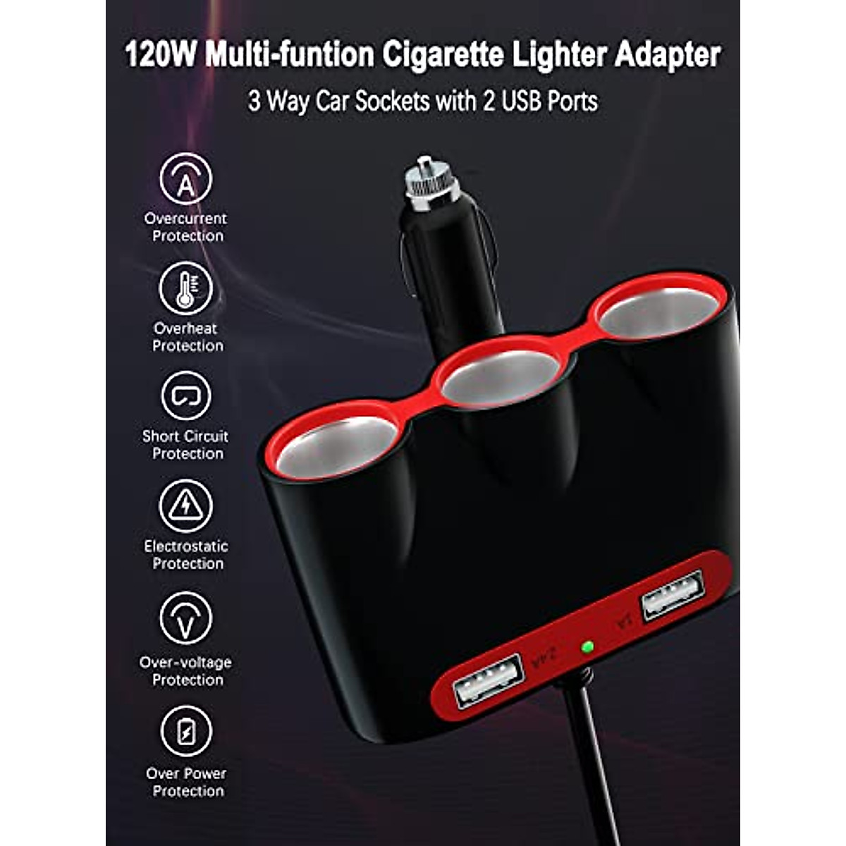 120W Car Cigarette Lighter Splitter, 3 Socket Car Splitter 12V/24V Dual USB Car Charger Adapter for iPhone, iPad, GPS, Dashcam, Radar Detector and More