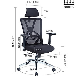 Ticova Ergonomic Office Chair - High Back Desk Chair with Adjustable Lumbar Support & 3D Metal Armrest - 130°Reclining & Rocking Mesh Computer Chair with Thick Seat Cushion & Rotatable Headrest