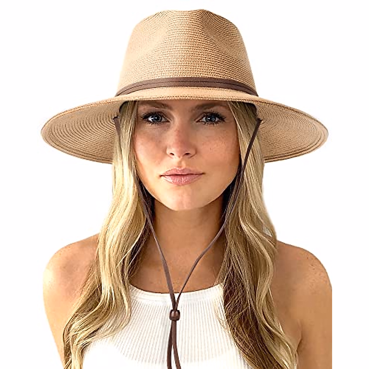 FURTALK Womens Summer Straw Sun Hats Wide Brim Panama Fedora Beach Hat with Wind Lanyard UPF 50+ Khaki