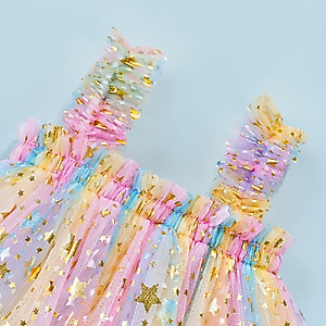 Toddler Baby Girl Sequins Dress Sleeveless Rainbow Stars Print Mesh Tulle Dress Summer Layered Princess Cake Dress (Colorful Cake Dress, 4-5T)