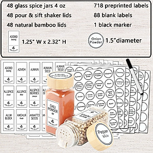 SWOMMOLY 48 Glass Spice Jars with 806 White Spice Labels, Square Spice Bottles 4 oz Empty Spice Containers with Bamboo Lids, Chalk Marker and Funnel Complete Set.
