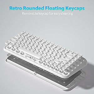Wireless Bluetooth Keyboard, 2.4GHz Typewriter Retro Keyboard, 84 Keys Portable Office Computer Keyboard with 2xAA Batteries and Cute Floated Round Keycaps for Windows Android PC Laptop Mac iPad,White