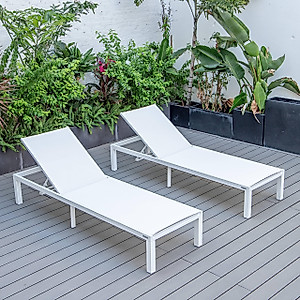 LeisureMod Marlin Poolside Outdoor Patio Lawn and Garden Modern White Powder Coated Aluminum Frame Suntan Sling Chaise Lounge Chair, Set of 2