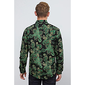 HISDERN Mens Green Paisley Floral Shirt Casual Long Sleeve Vintage Black Flowered Printed Shirts 70s Slim Fit Party Button Down Dress Shirts