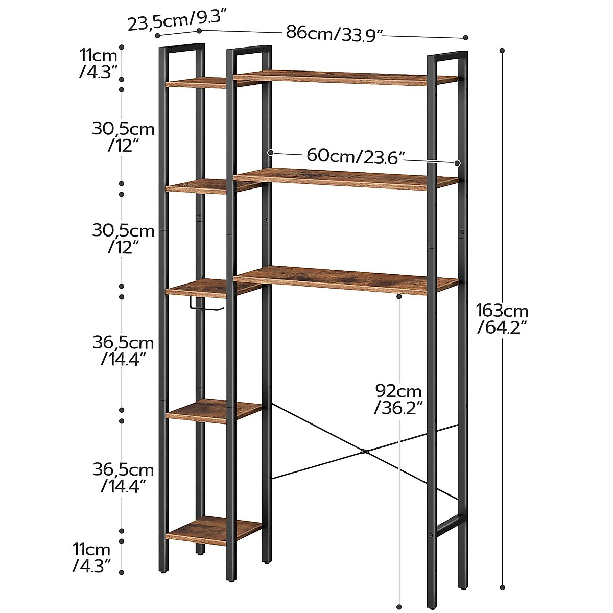 HOOBRO 8-Tier Over The Toilet Storage, Freestanding Bathroom Organizer Space Saver, Mass-Storage Side Storage Open Rack, for Bathroom, Living Room, Laundry, Rustic Brown and Black BF86TS01