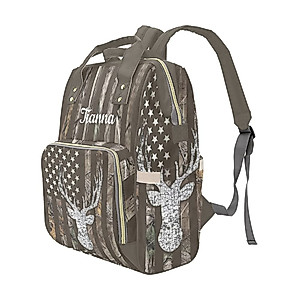 American Flag Deer Camo Brown Diaper Bags with Name Waterproof Mummy Backpack Nappy Nursing Baby Bags Gifts Tote Bag for Women