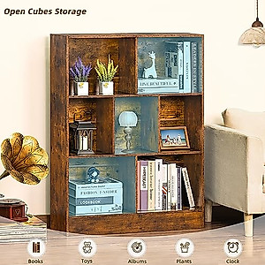 LEYAOYAO 7 Cube Bookshelf with Base,3 Tier Mid-Century Modern Brown Bookcase,Standing Wide Bookshelves Storage Organizer Shelf,Rustic Wood Display Cabinet Book Shelves for Bedroom,Living Room,Office