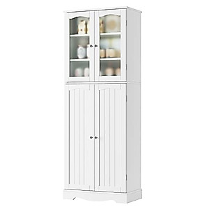 HORSTORS 64" Kitchen Pantry Cabinet, Modern Tall Cabinet with Glass Doors and Adjustable Shelves, Freestanding Utility Storage Cabinet Cupboard for Kitchen, Living Room, Dining Room, White