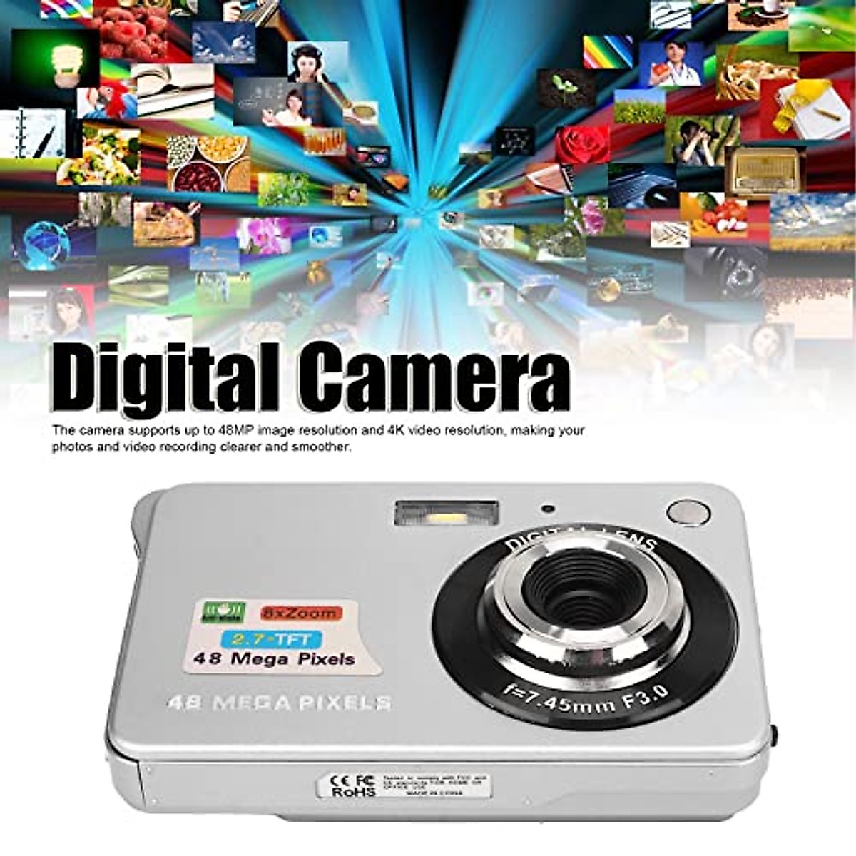 Digital Camera 4K, 4K Digital Camera 48MP 2.7in LCD Display 8X Zoom Anti Shake Vlogging Camera for Photography Continuous Shooting (Silver)
