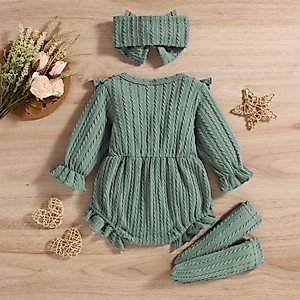 GRNSHTS Newborn Baby Girl Clothes Ruffle Solid Sweater Romper Long Sleeve Button Bodysuit+Hairband+Socks 3Pcs Fall Winter Outfits(Green,6-9 Months)