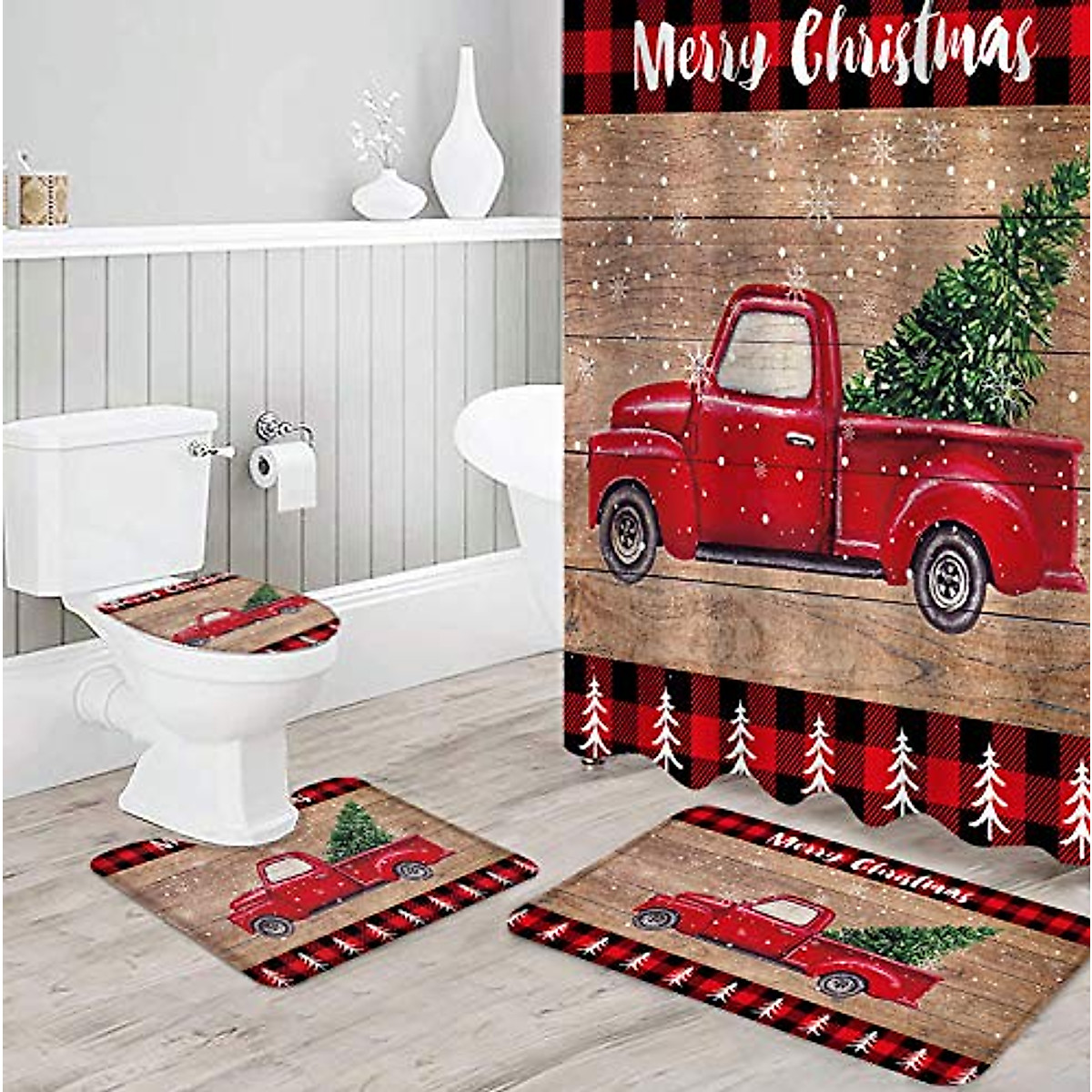 4 Pcs Shower Curtain Sets with Non-Slip Rugs, Toilet Lid Cover, Bath Mat Merry Christmas Red Truck Pull Xmas Tree on Retro Wooden Board Bathroom Decor Waterproof Shower Curtain with 12 Hooks