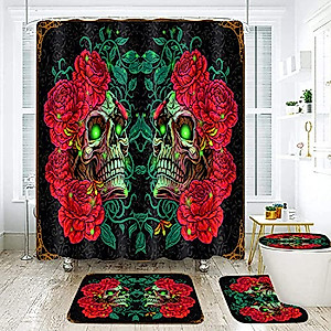 SDDSER Skull Shower Curtain Set, 4PCS Red Rose Skeleton Bathroom Sets with 72"" Polyester Shower Curtain and Bath Mat, Toilet Lid Cover and U Shaped Rug, 12 Hooks, SETMLSD60
