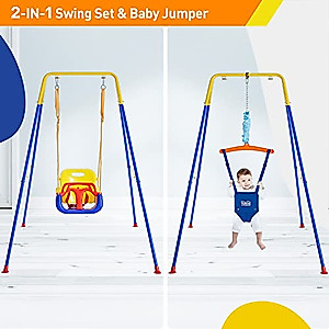 FUNLIO 2 in 1 Swing Set for Toddler & Baby Jumper, Heavy Duty Kids Swing & Bouncer with 4 Sandbags, Foldable Metal Stand for Indoor/Outdoor Play, Easy to Assemble and Store