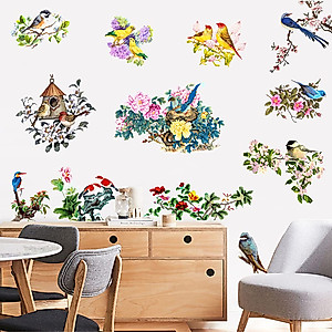 Birds on Tree Branches Wall Decals,Cardinal Birds Flowers Wall Stickers Spring Summer Robinbird Decor for Home Kitchen Office Kids DIY Supply