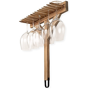 Rustic State Mucur Rake Design Wall Mounted Stemware Rack Hanging Shelf Glassware Holder Bar Organizer with 6 Wine Glass Storage 17.5 Inch Long Light Walnut