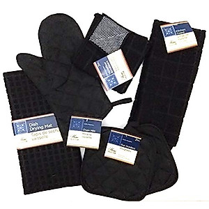Kitchen Towel Set with 2 Quilted Pot Holders, Oven Mitt, Dish Towel, Dish Drying Mat, 2 Microfiber Scrubbing Dishcloths (Black)