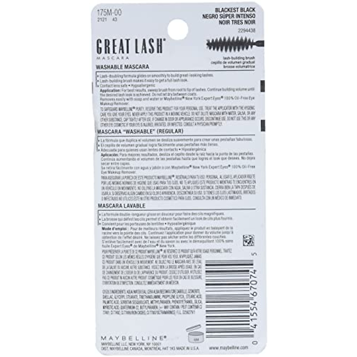 Maybelline Great Lash Washable Mascara, Volumizing Lash-Doubling Formula That Conditions As It Thickens, Blackest Black, 1 Count