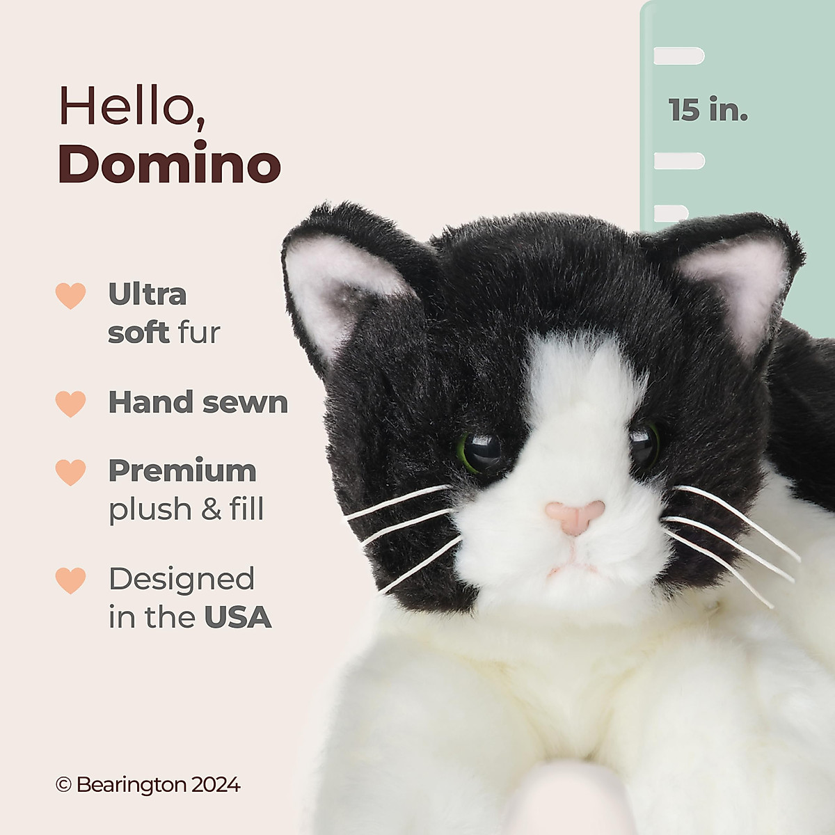 Bearington Collection Domino Cat 15 Inch Black Cat Stuffed Animal - Tuxedo Cat - Stuffed Cats That Look Real