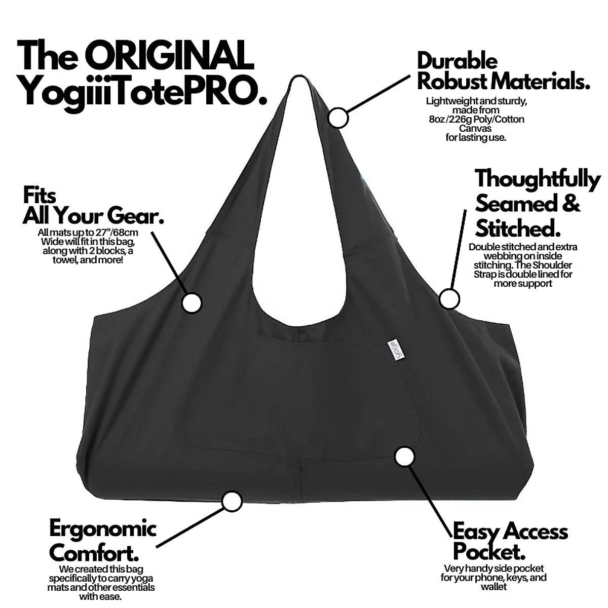 Yogiii Yoga Mat Bag | The ORIGINAL YogiiiTotePRO | Large Yoga Mat Bag or Yoga Mat Carrier with Side Pocket | Yoga Bag Fits Most Size Mats (Obsidian Black)