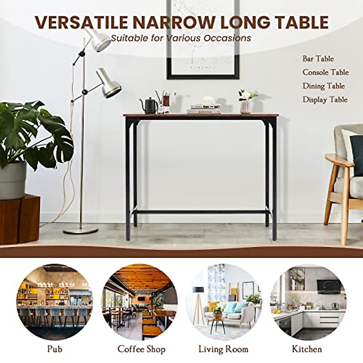 Giantex 48" Narrow Console Table - Long Bar Table, Rectangular Kitchen Dining Table w/Steel Frame, Adjustable Feet, Pub Table Counter Height Table, Sofa Side Table for Entryway, Hallway, Entry Table