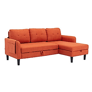 Eafurn 3 Seater Sectional Chaise Lounge and Storage,L Shaped Convertible Pull Out Bed,Comfy Velvet Upholstery Corner Sofa & Couches Button Tufted Living Room Furniture Sets, Orange 72.44"