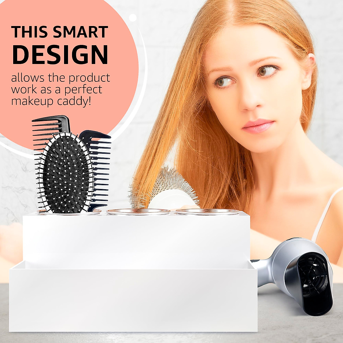 Levitural Premium Acrylic Hair Tool Accessories Organizer Stand – Portable Hair Dryer, Brush, Straightener, Curling Iron Holder Countertop and Storage for Bathroom Vanity Cabinet (White)