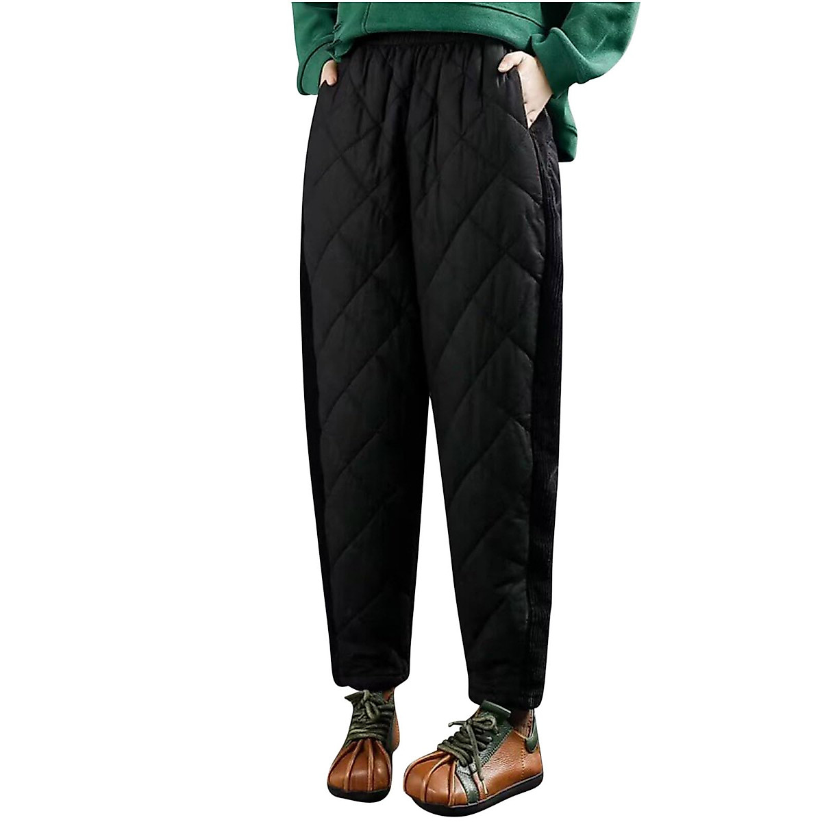 Women Quilted Pants Winter Warm Cotton Pants Elastic Waist Plus Size Outdoor Trousers Thicken Down Pants with Pockets
