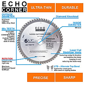 Echo Corner 6-1/2" Circular Saw Blade 60T 5/8" Arbor, Ultra Fine Cut Fine Finish Framing Trimming Crosscut Wood Plywood MDF Plastic Veneer Lumber Laminate