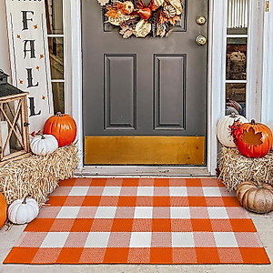 EARTHALL Buffalo Plaid Outdoor Rug Orange and White Checkered Rug Fall Door Mat 27.5 x 43 Inches Cotton Washable Farmhouse Fall Outdoor Rug for Layered Door Mats Fall Porch Decor