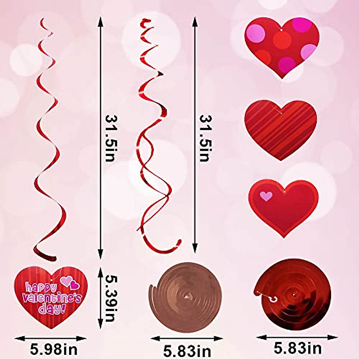 18 PCS Valentine's Day Red Hearts Hanging Swirl Decorations Set, Glitter Loving Heart Foil Swirl Valentines Words Card Hanging Swirls Ceiling Decorations for Valentines Wedding Anniversary Party Decor Supplies