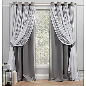 Exclusive Home Catarina Layered Solid Room Darkening Blackout and Sheer Grommet Top Curtain Panel Pair, 52"x84", Soft Grey