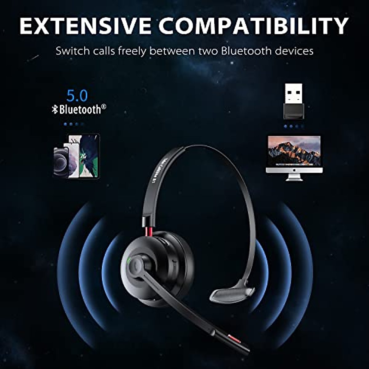 Tribit Wireless Headset with Microphone, Bluetooth 5.0 Cell Phone Headphone Qualcomm QCC3020, AI Noise Canceling & CVC 8.0 for Home Office, Mute Button 50H Talk time, USB-A Dongle for PC, CallElite81