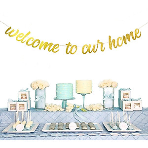 Starsgarden Glitter Gold Welcome to Our Home Banner for Housewarming Patriotic Military Decoration Family Party Supplies Cursive Bunting Photo Booth Props Sign(Gold Home)