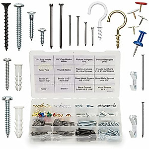 Qualihome Household Repair and Hanging Kit: Screws, Nails, Wall Anchors, Cup Hooks, Picture Hangers, Push Pins, and More