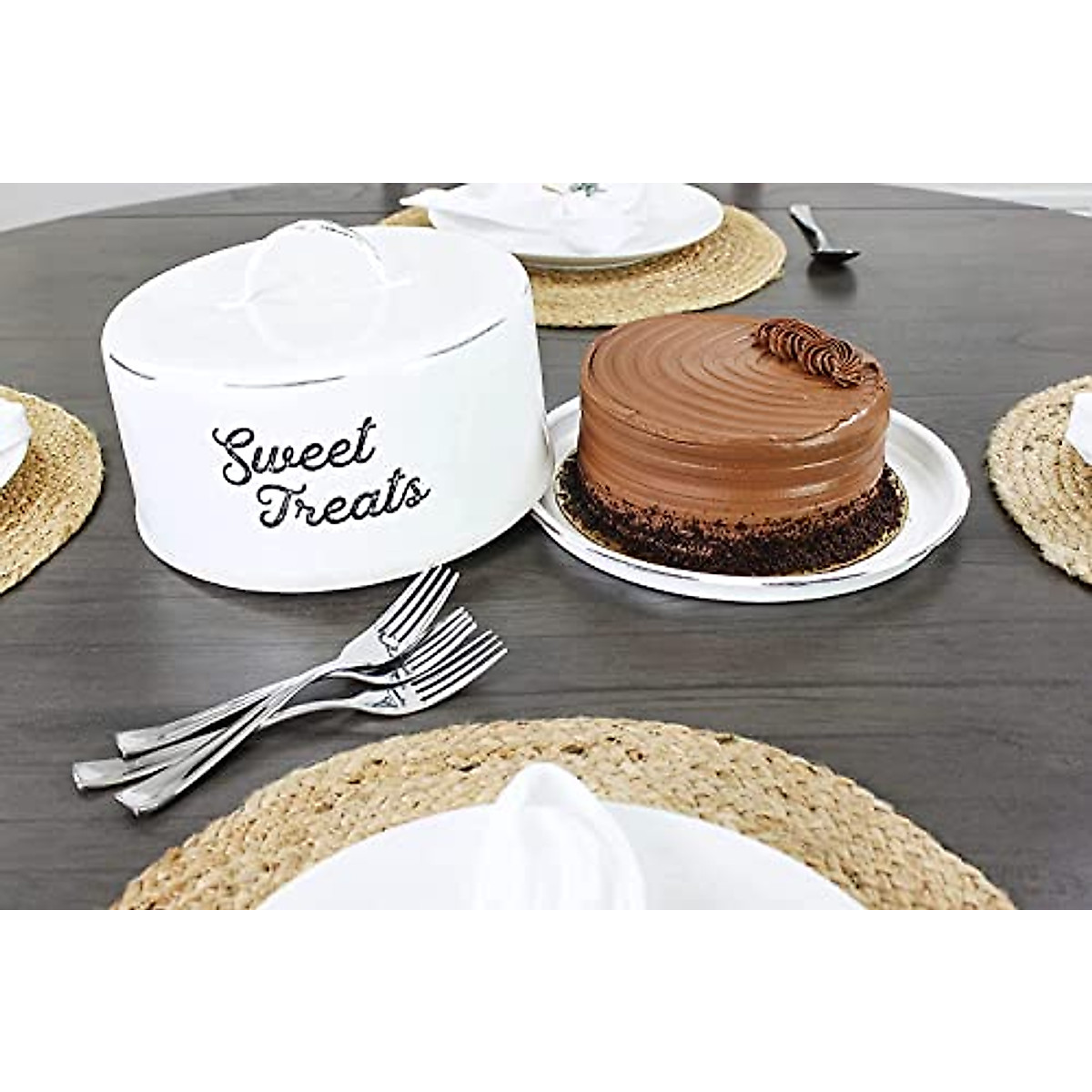 AuldHome Enamelware White Cake Cover; Rustic Decorative Cake Plate with Domed Lid