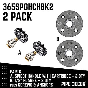 PIPE DECOR Coat Hook Black Industrial Water Spigot Valve Wall Mount with Real Iron Plumbing Flange for Home, Office or Retail Space 2-Pack