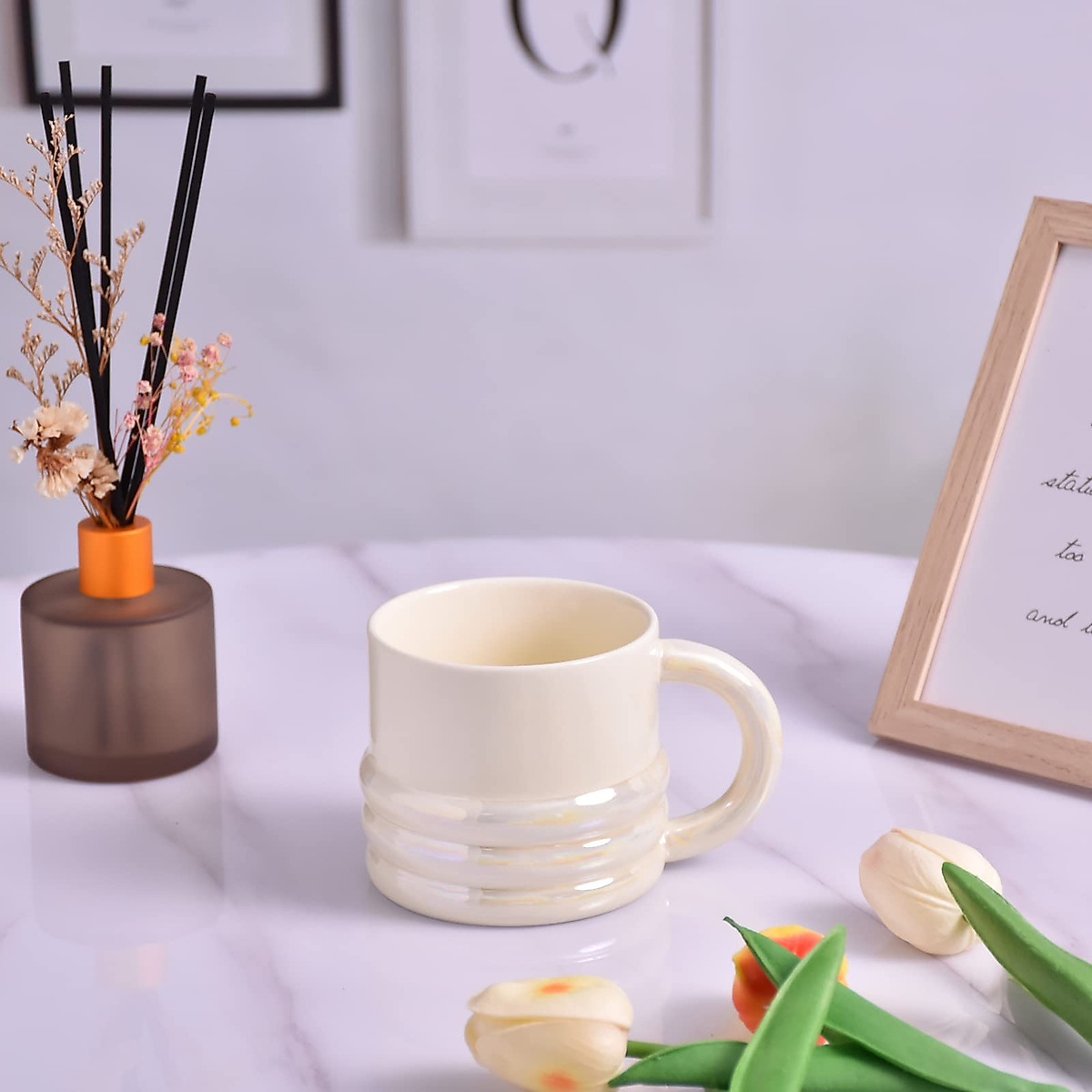 Koythin Ceramic Coffee Mug, Cute Creative Electroplating Rainbow Cup Body Design for Office and Home, 13.5 oz/400 ml for Latte Tea Milk (Yellow Retro)