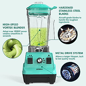 OMMO Blender 1800PW, Professional High Speed Countertop Blender with Durable Stainless Steel Blades, 60oz BPA Free Blender for Shakes and Smoothies, Nuts, Ice and Fruits, Dishwasher Safe (Blue)